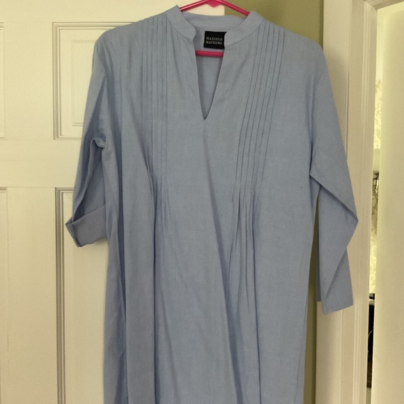 Madison Matthews | Tops | Madison Matthews Long Light Blue Tunic With Pleated Top And 34 Sleeves ...